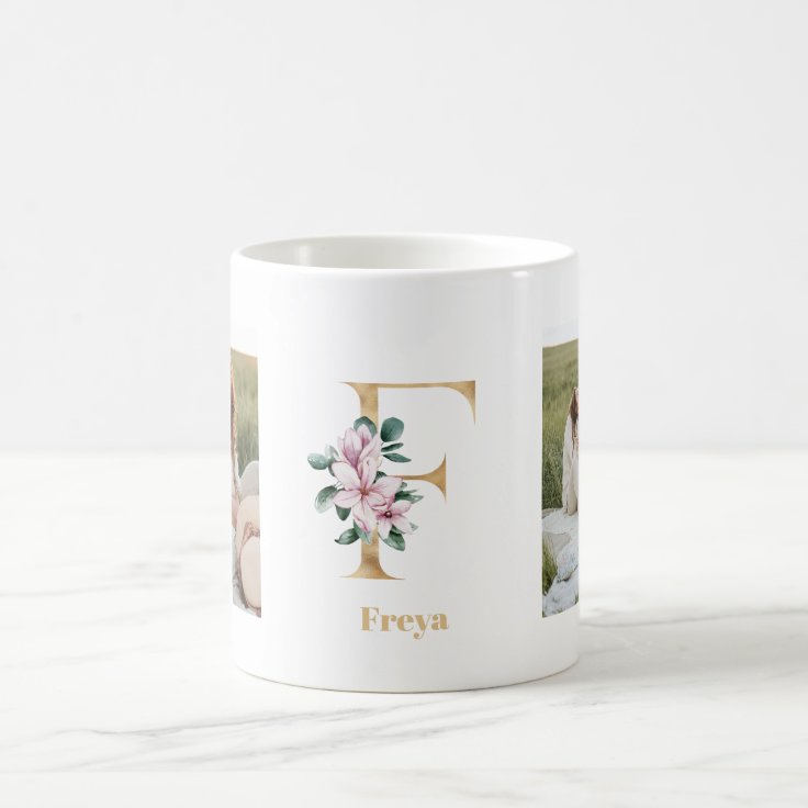 Modern Gold Letter F Flower | Two Photo Monogram Coffee Mug | Zazzle