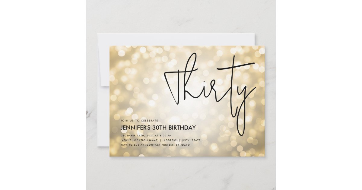 Modern Gold Lights 30th Birthday Party Script Invitation | Zazzle