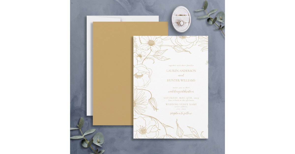 Modern Gold Line Art Floral Wedding Invitation | Zazzle