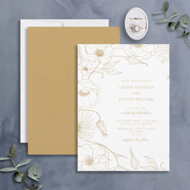Modern Gold Line Art Floral Wedding Invitation | Zazzle