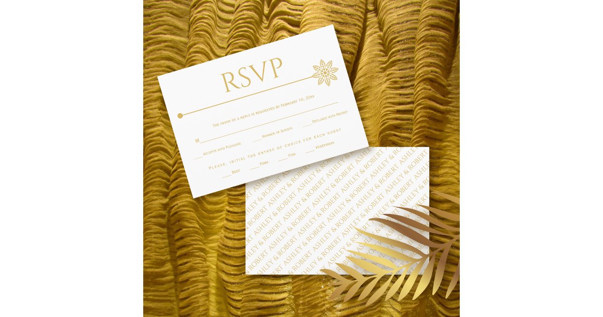 Modern gold line with flower and dot wedding RSVP card | Zazzle