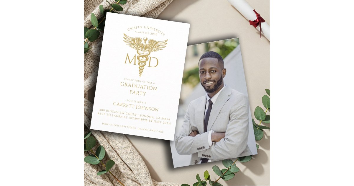 Modern Gold MD Doctor Photo Graduation Party Invitation | Zazzle