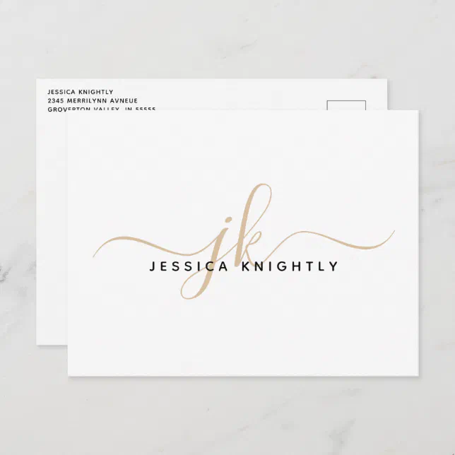 Modern Gold Monogram Script Initials Minimalist Postcard | Zazzle