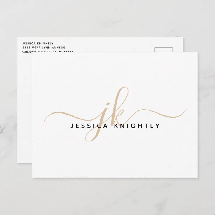 Modern Gold Monogram Script Initials Minimalist Postcard | Zazzle