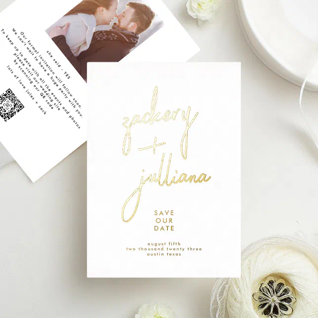 Modern GOLD NAMES | Photo Editable Save The Date Foil Invitation | Zazzle
