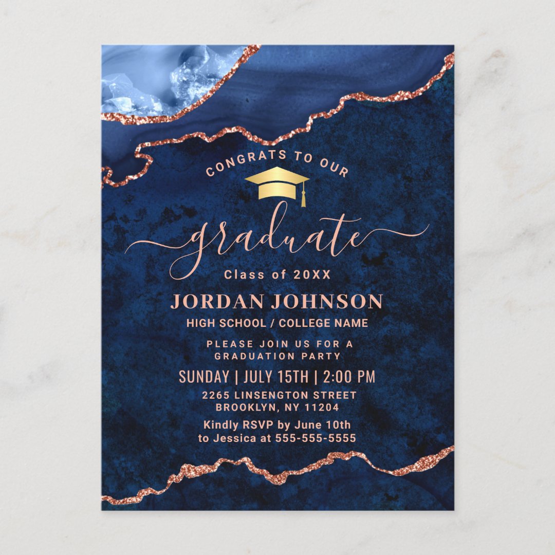Modern Gold Navy Blue Graduation Party Invitation Postcard | Zazzle