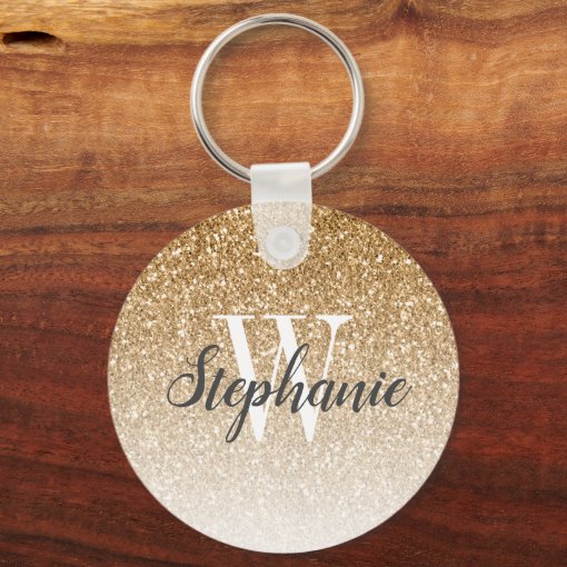Modern Gold Ombre Faux Glitter Monogram Keychain | Zazzle