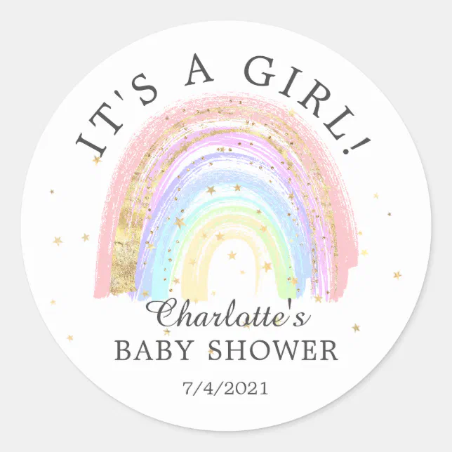 Modern Gold Pink Rainbow Favor Sticker | Zazzle