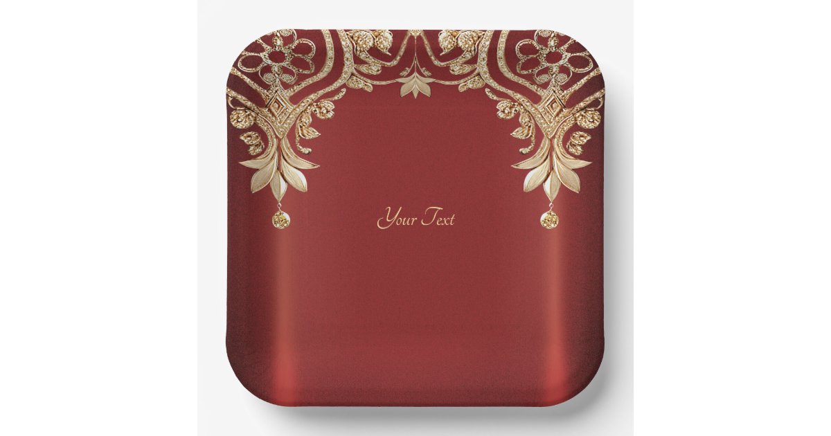 Modern Gold Red Floral Paper Plate | Zazzle