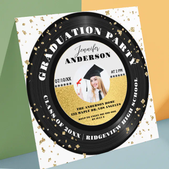 Modern Gold Retro Vinyl Record Photo Graduation Invitation | Zazzle