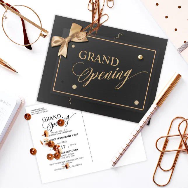 Modern Gold Ribbon Black Grand Opening Invitation Postcard | Zazzle