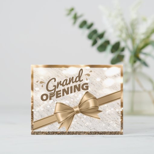 Modern Gold Ribbon Grand Opening Invitation Postcard | Zazzle