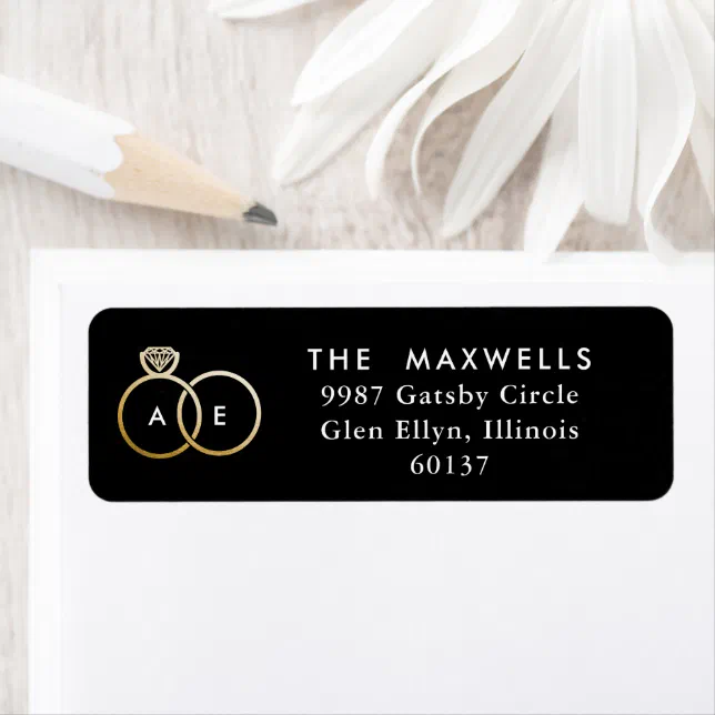 Modern Gold Rings Black and White Wedding Label | Zazzle