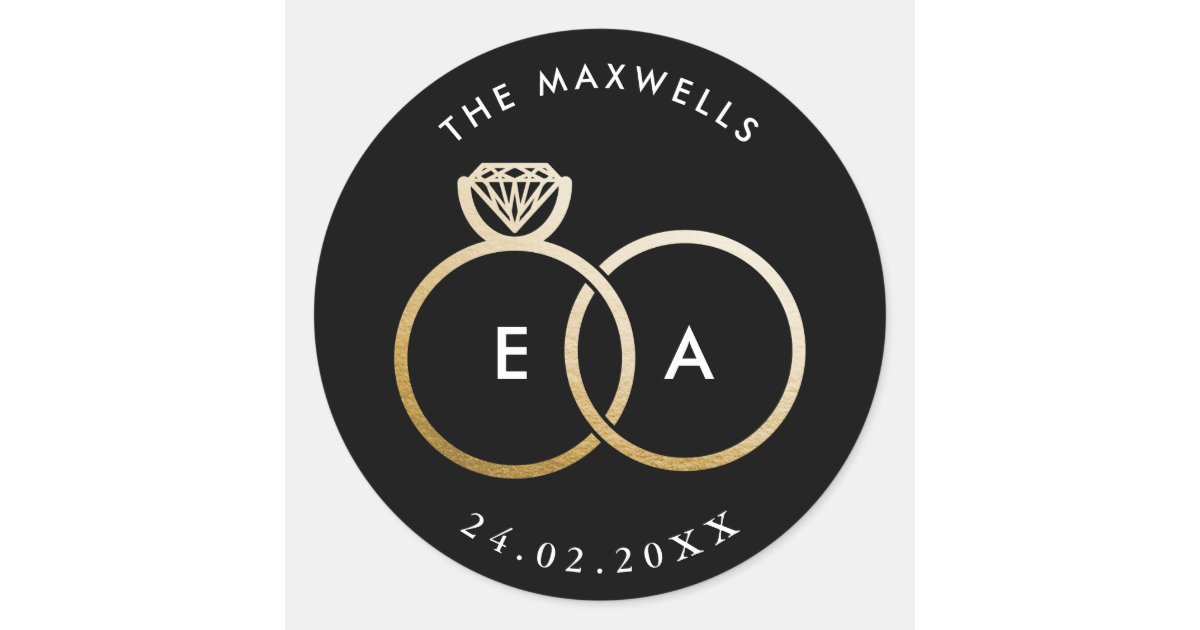 Modern Gold Rings on Black Custom Wedding Sticker | Zazzle