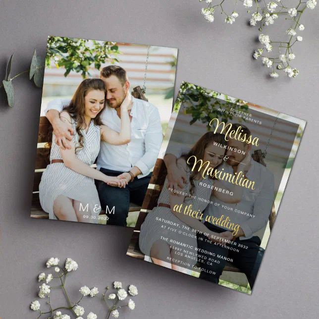 Modern gold script 2 photos wedding black overlay foil invitation | Zazzle