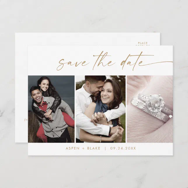 Modern Gold Script 3 Photo Template Save the Date | Zazzle