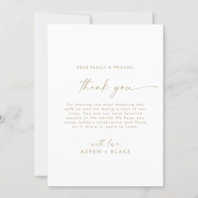 Modern Gold Script 5x7" Thank You Reception Card | Zazzle