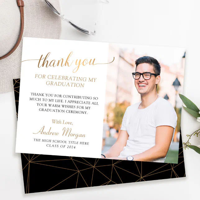 Modern Gold Script Black & White Graduation Photo Thank You Card | Zazzle