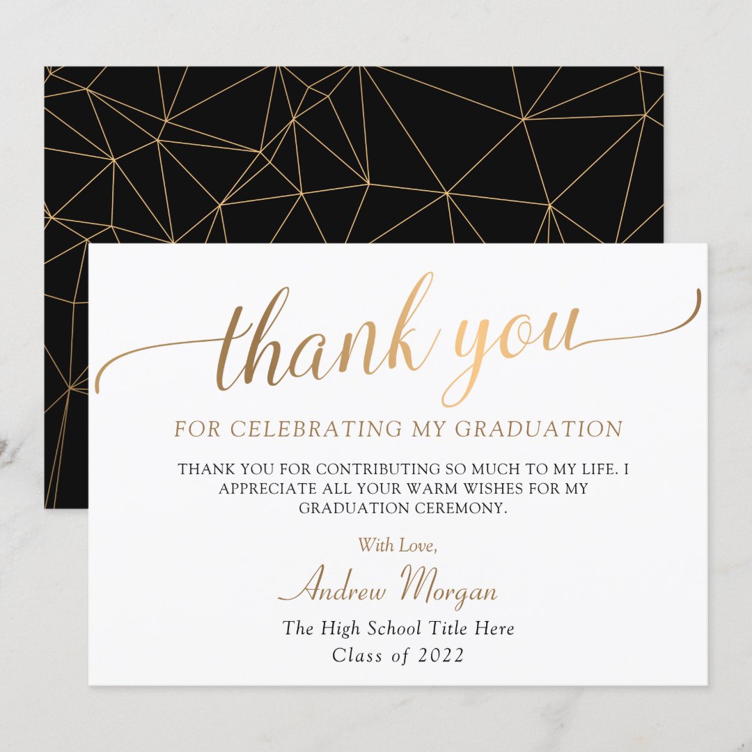 Modern Gold Script Black & White Graduation Thank You Card | Zazzle