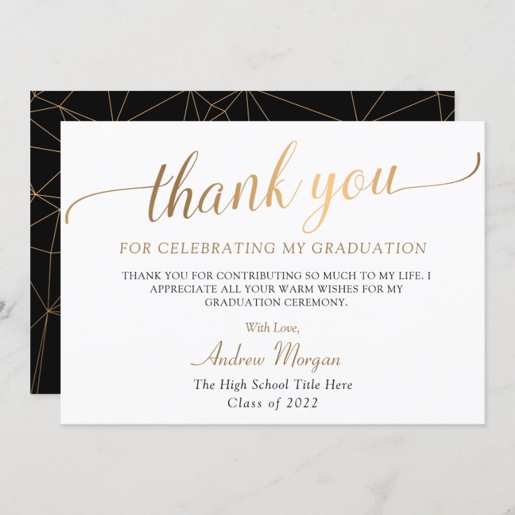 Modern Gold Script Black & White Graduation Thank You Card | Zazzle