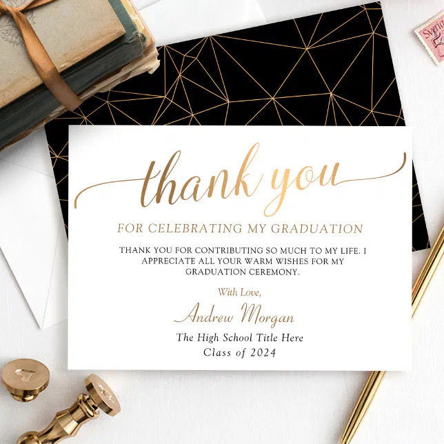 Modern Gold Script Black & White Graduation Thank You Card | Zazzle