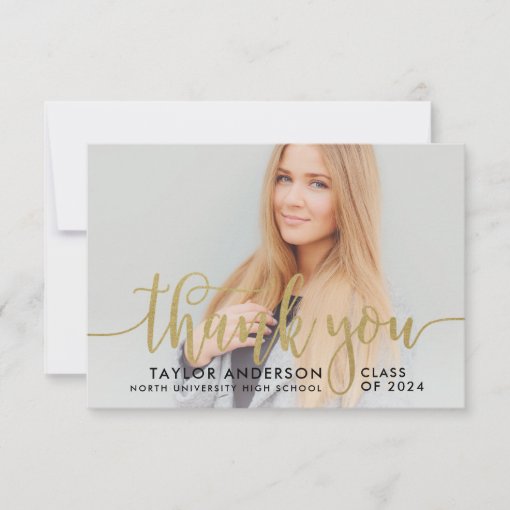 Modern Gold Script Graduation Photo Thank You Card | Zazzle