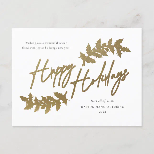 Modern Gold Script Happy Holidays Business Holiday Postcard | Zazzle