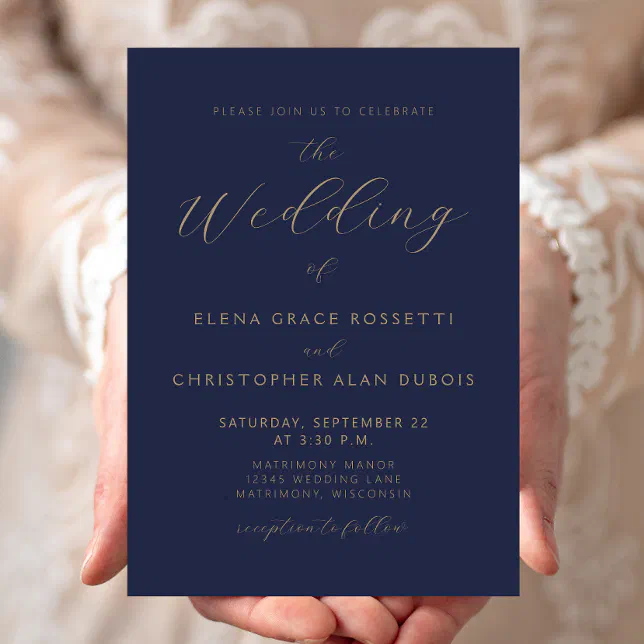 Modern Gold Script Navy Blue Wedding Invitation | Zazzle
