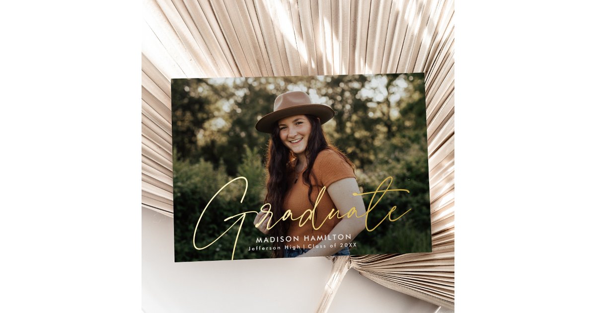 Modern Gold Script Photo Graduation Announcement | Zazzle