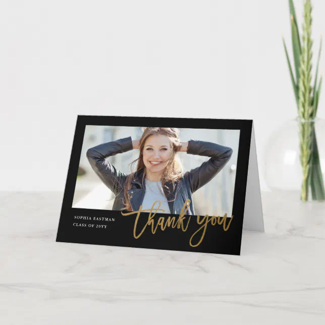 Modern Gold Script Photo Graduation Thank You Card | Zazzle