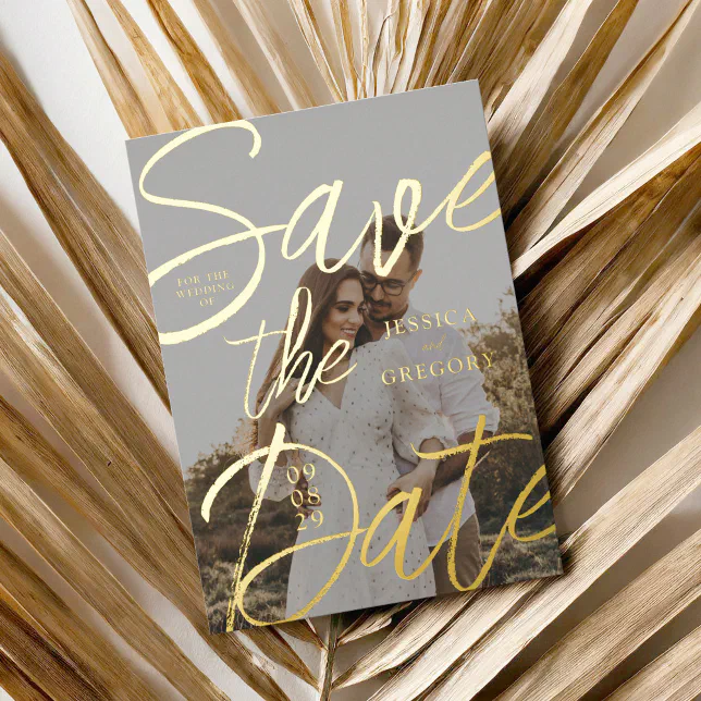 Modern Gold Script Photo Wedding Save the Date Foil Invitation | Zazzle