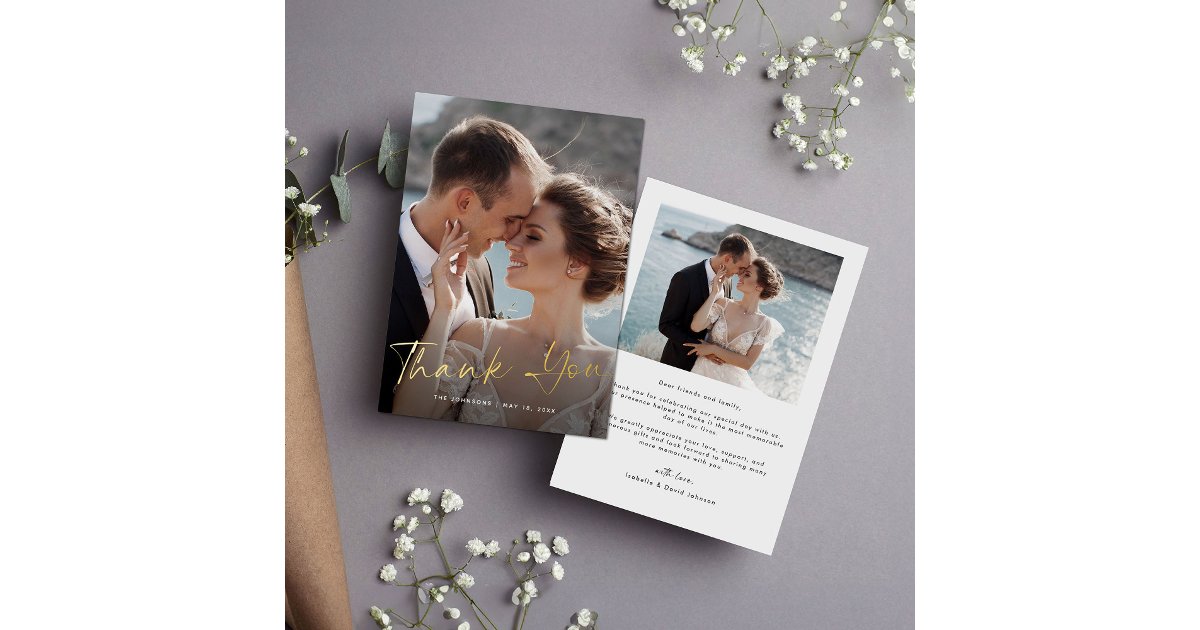 Modern Gold Script Photo Wedding Thank You Card | Zazzle