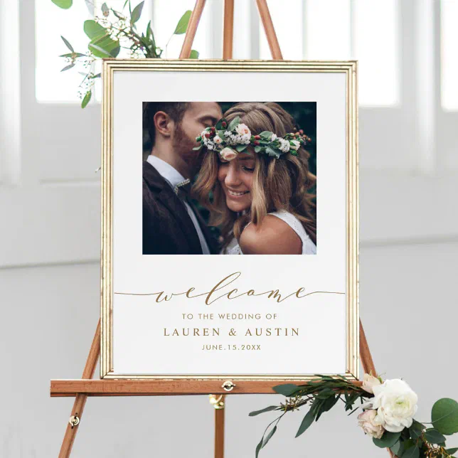 Modern Gold Script Photo Wedding Welcome Sign | Zazzle