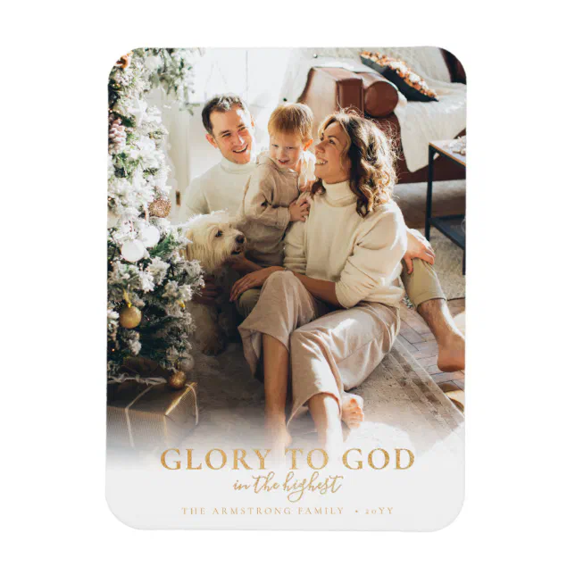Modern Gold Script Religious Christmas Photo Magnet | Zazzle