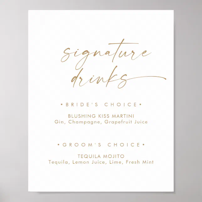 Modern Gold Script Signature Drinks Sign | Zazzle