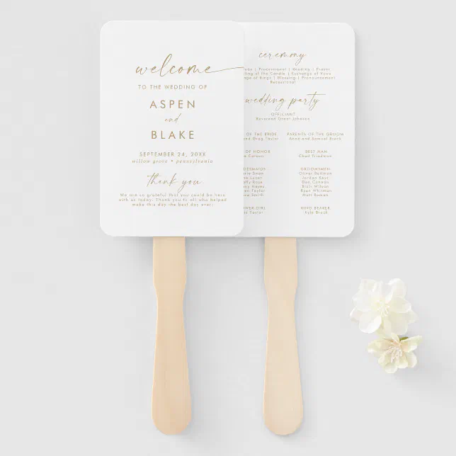 Modern Gold Script Wedding Program Hand Fan | Zazzle