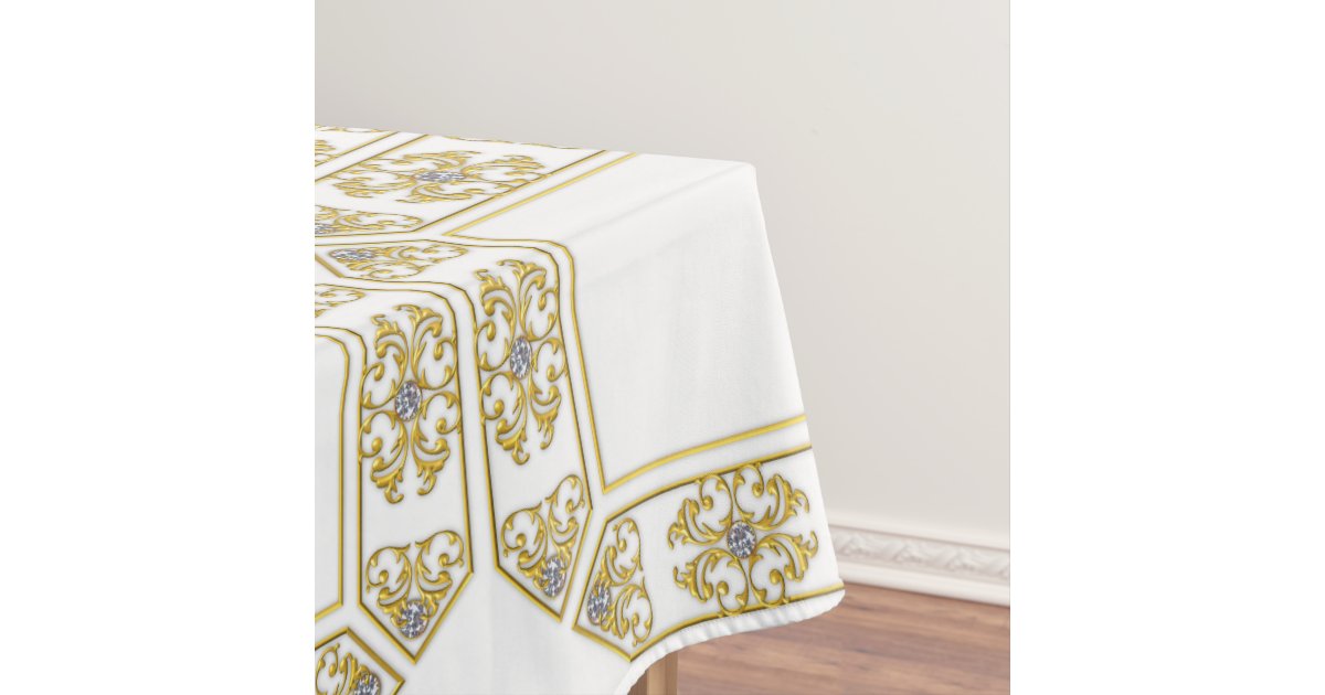 Modern Gold Square Diamond Geometric Pattern White Tablecloth | Zazzle