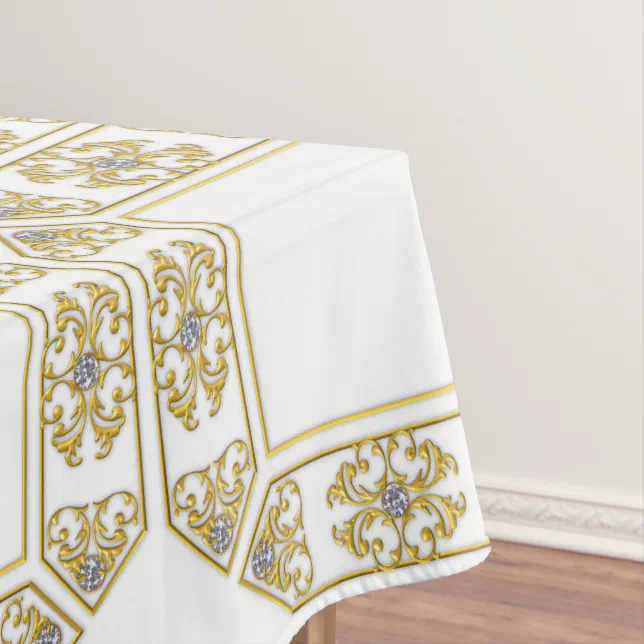 Modern Gold Square Diamond Geometric Pattern White Tablecloth | Zazzle