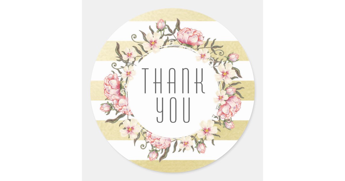 Modern Gold Stripes & Pink Floral Roses Thank You Classic Round Sticker ...