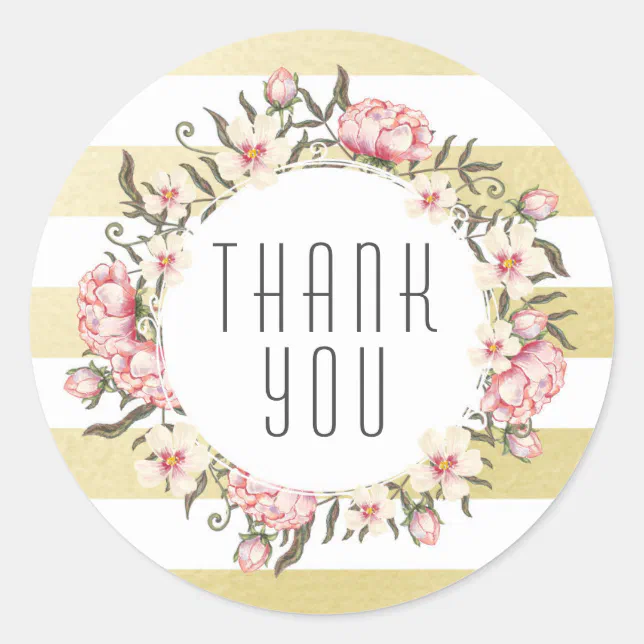 Modern Gold Stripes & Pink Floral Roses Thank You Classic Round Sticker ...