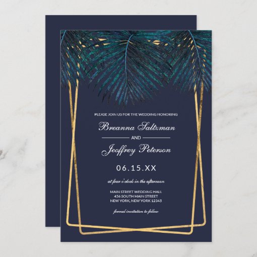 Modern Gold Teal Palm Leaves Geo Borders Wedding Invitation | Zazzle