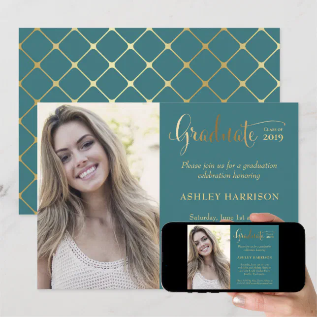 Modern Gold Teal Photo Graduation Party Invitation | Zazzle