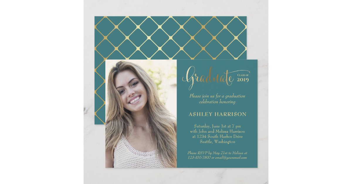 Modern Gold Teal Photo Graduation Party Invitation | Zazzle