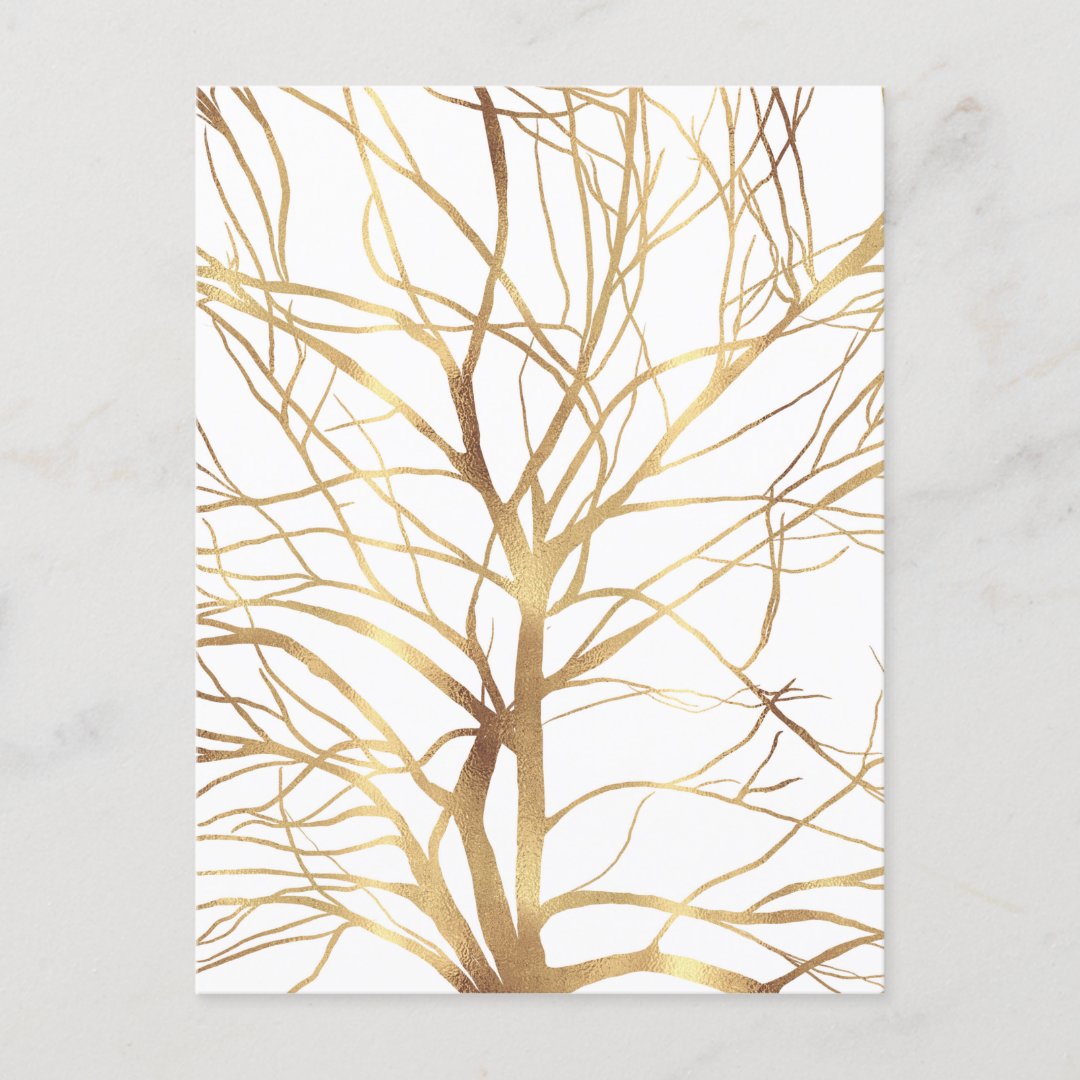 Modern Gold Tree Silhouette Minimal White Design Holiday Postcard | Zazzle