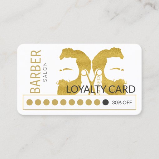 Modern gold white barber shop salon loyalty punch business card | Zazzle