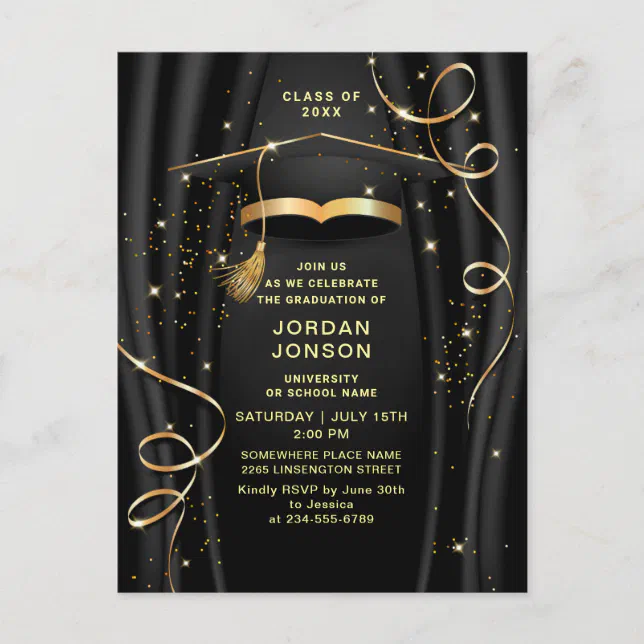 Modern Golden Black Graduation Party Invitation Postcard | Zazzle