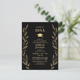Modern Golden Black Graduation Party Invitation QR Postcard | Zazzle
