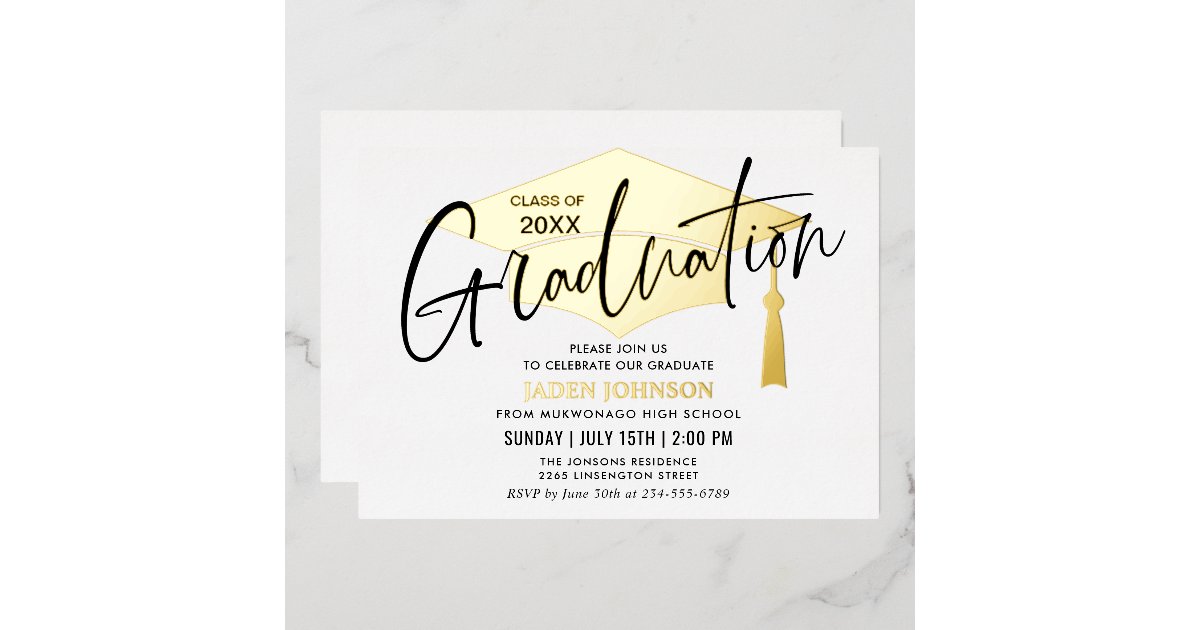 Modern Golden Black Graduation Party Photo Foil Invitation | Zazzle