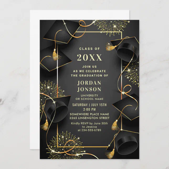 Modern Golden Black Graduation Party QR code Invitation | Zazzle