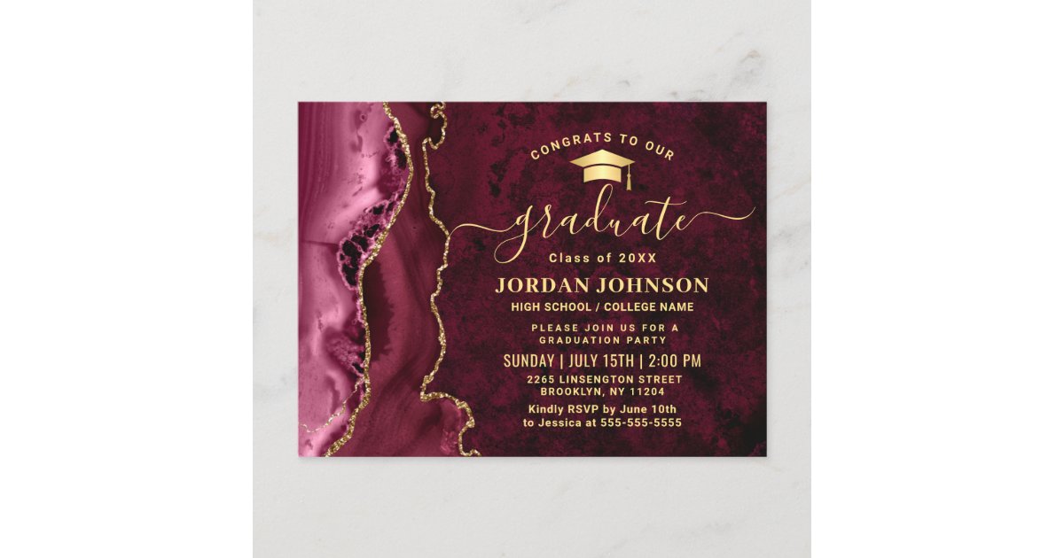 Modern Golden Burgundy Graduation Party Invitation Postcard | Zazzle